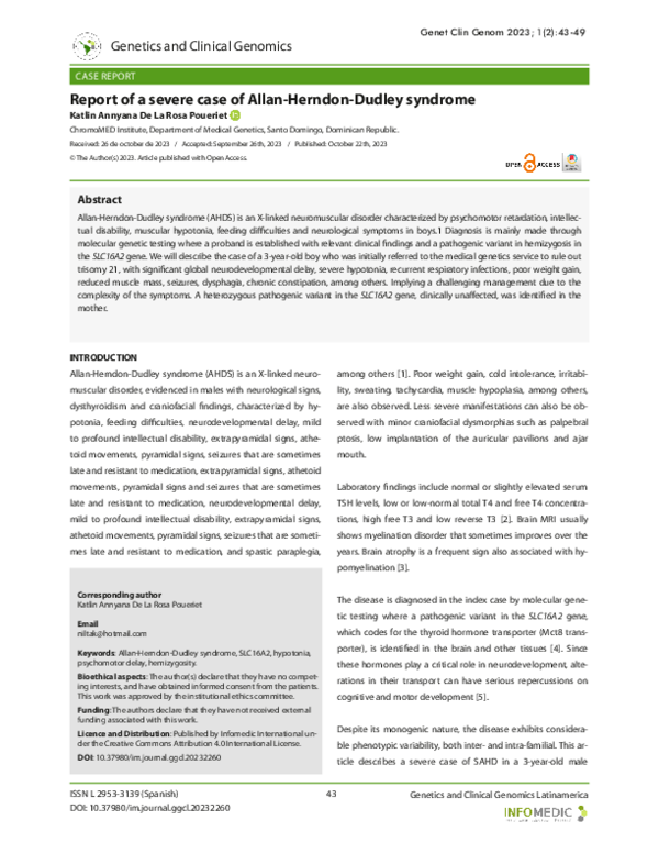(PDF) Report of a severe case of Allan-Herndon-Dudley syndrome