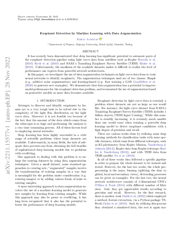 (PDF) Exoplanet Detection by Machine Learning with Data Augmentation