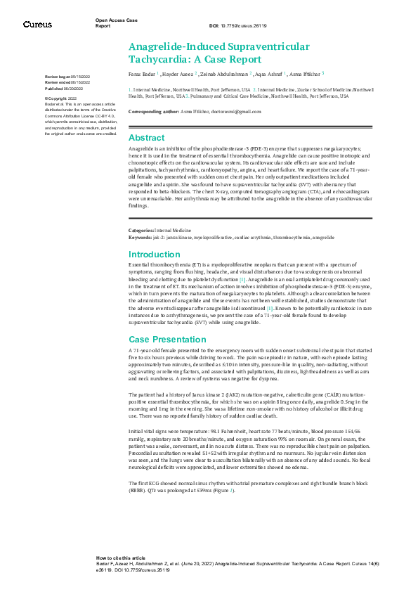 (PDF) Anagrelide-Induced Supraventricular Tachycardia: A Case Report | Asma Iftikhar - Academia.edu