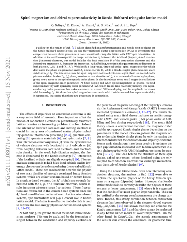 (PDF) Spiral magnetism and chiral superconductivity in Kondo-Hubbard triangular lattice model