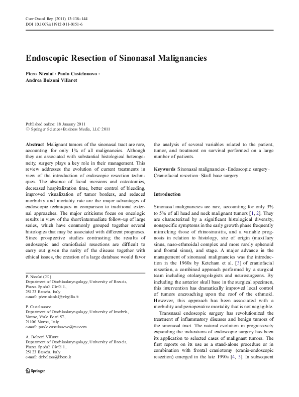 (PDF) Endoscopic Resection of Sinonasal Malignancies