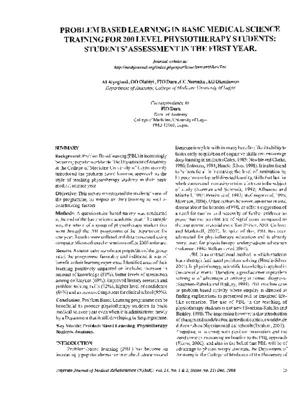 (PDF) Problem Based Learning in Basic Medical Science Training for 200 ...