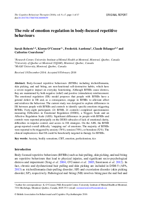 (PDF) The role of emotion regulation in body-focused repetitive behaviours