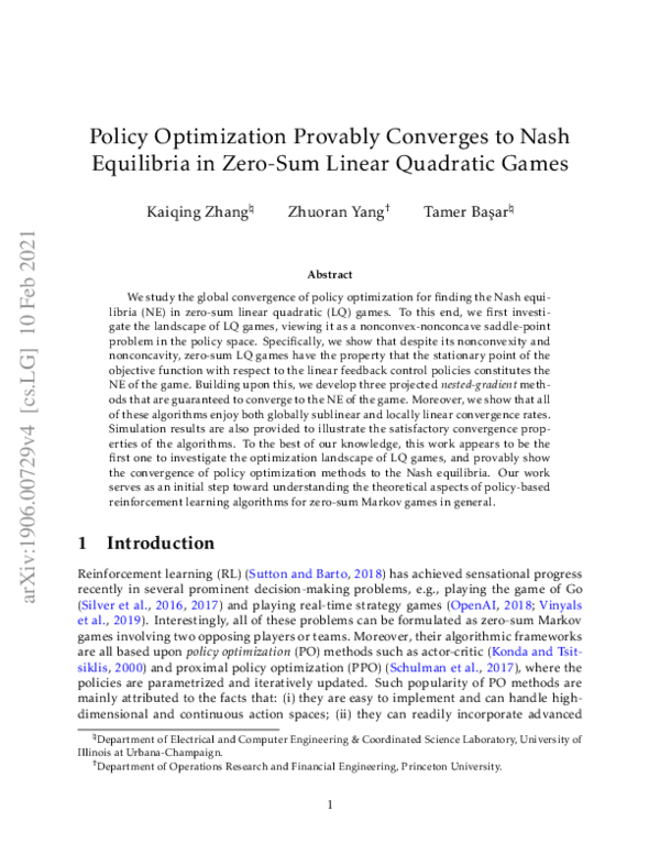 Policy Optimization Provably Converges to Nash Equilibria in Zero-Sum Linear Quadratic Games