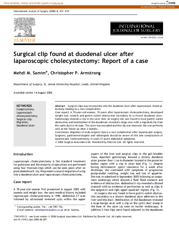 (PDF) Surgical clip found at duodenal ulcer after laparoscopic ...