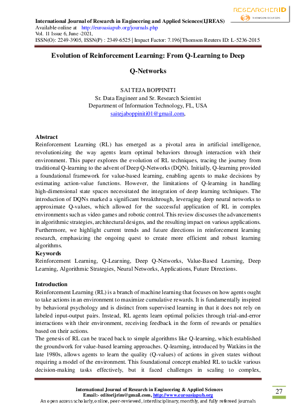 (PDF) Evolution of Reinforcement Learning: From Q-Learning to Deep