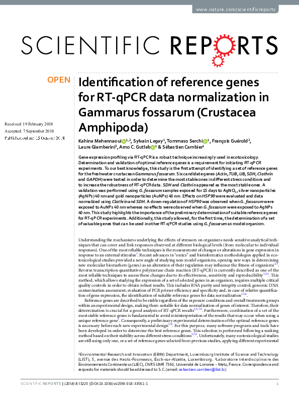 Pdf Identification Of Reference Genes For Rt Qpcr Data Normalization In Gammarus Fossarum