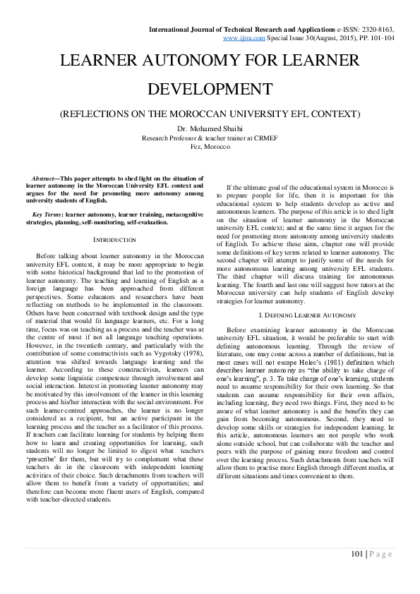 (PDF) LEARNER AUTONOMY FOR LEARNER DEVELOPMENT