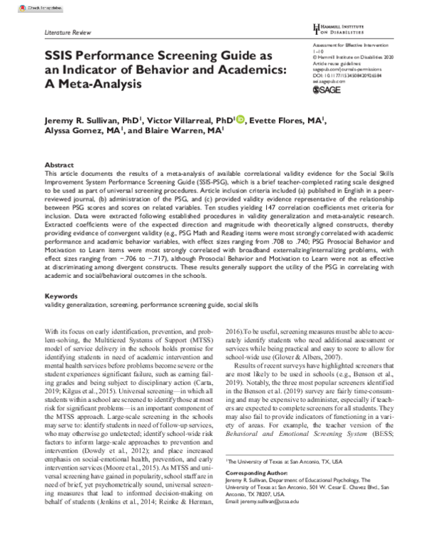 (PDF) SSIS Performance Screening Guide as an Indicator of Behavior and ...