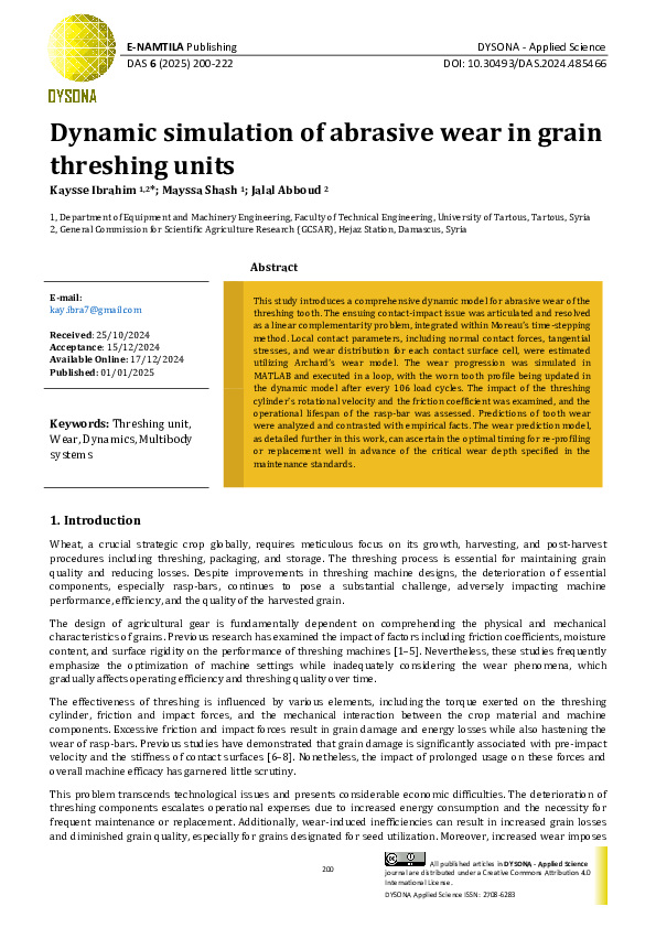 (PDF) Dynamic simulation of abrasive wear in grain threshing units