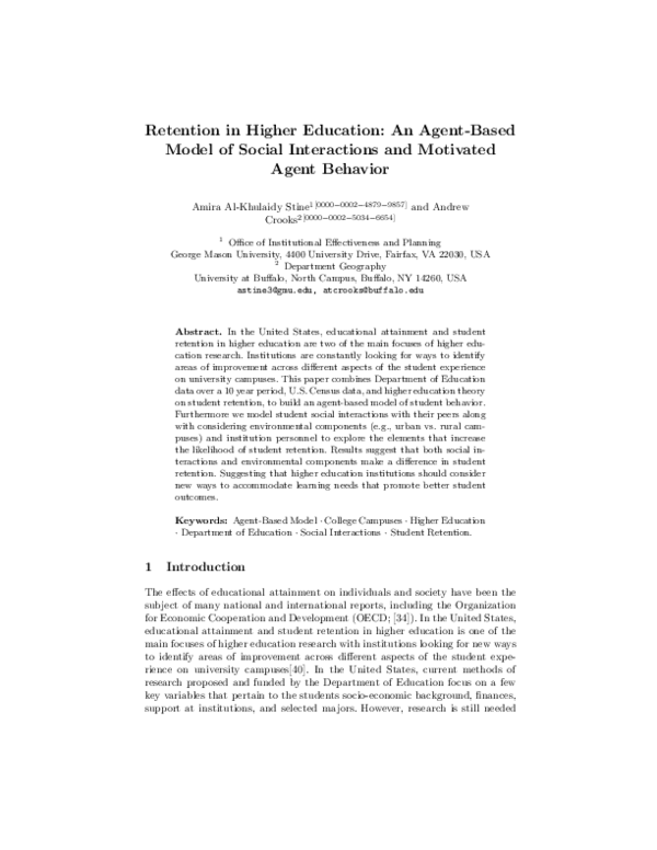 (PDF) Retention in Higher Education: An Agent-Based Model of Social Interactions and Motivated ...