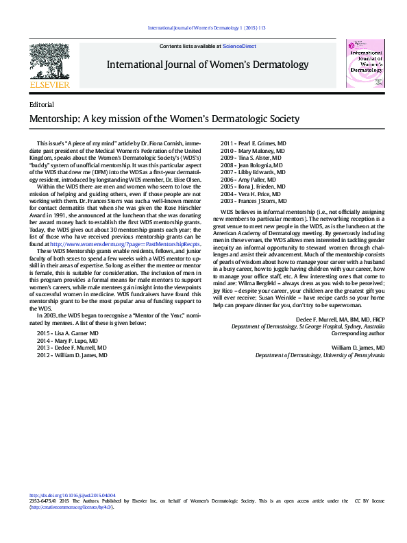 (PDF) Mentorship: A key mission of the Women’s Dermatologic Society ...