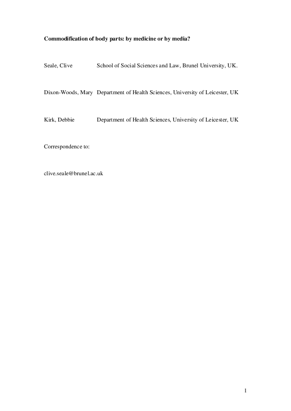 (PDF) Commodification of Body Parts: By Medicine or by Media?