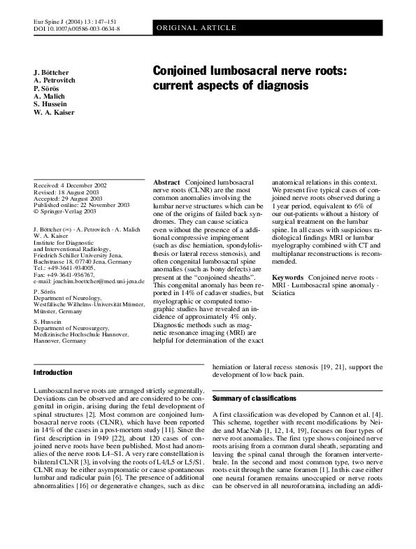(PDF) Conjoined lumbosacral nerve roots: current aspects of diagnosis ...