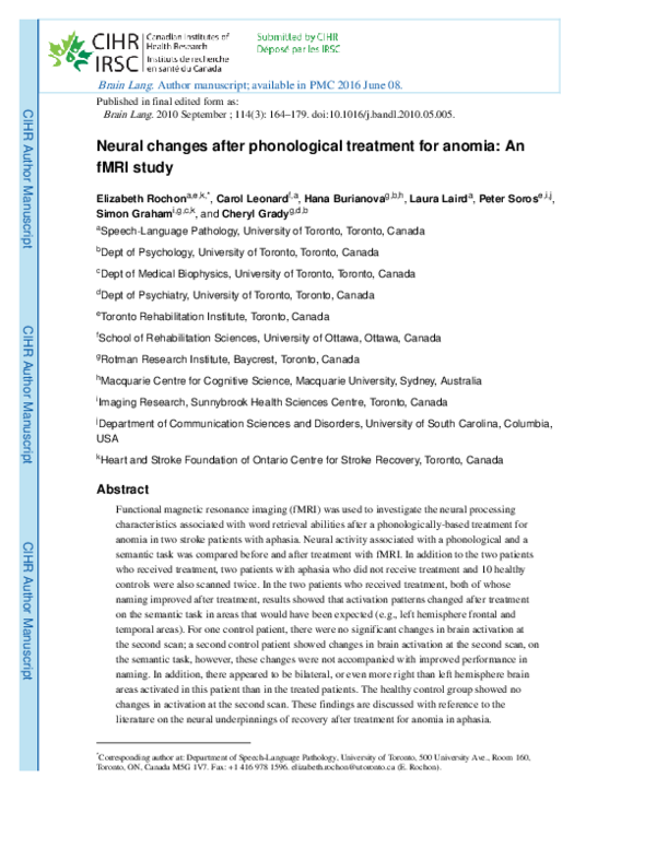 (PDF) Neural changes after phonological treatment for anomia: An fMRI study