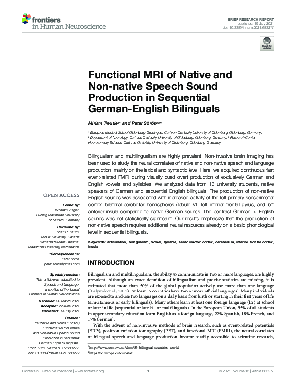 (PDF) Functional MRI of Native and Non-native Speech Sound Production in Sequential German ...