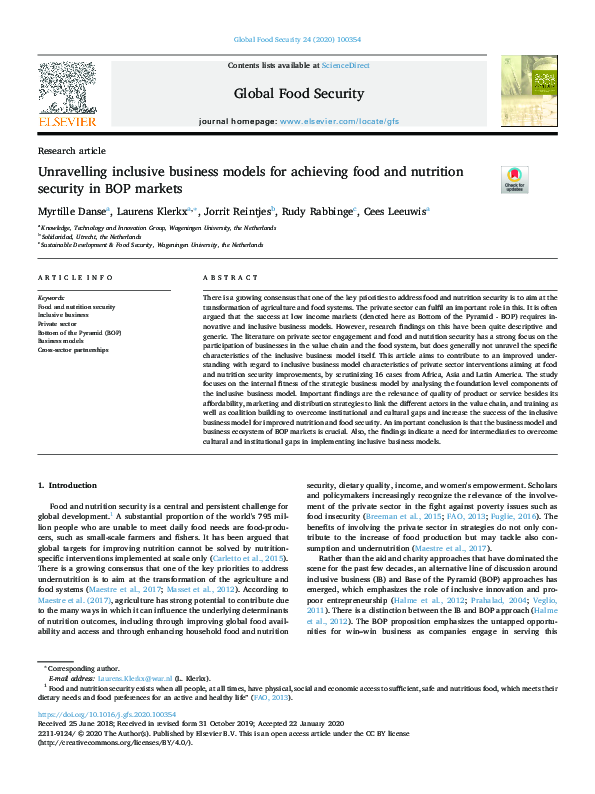 (PDF) Unravelling inclusive business models for achieving food and ...