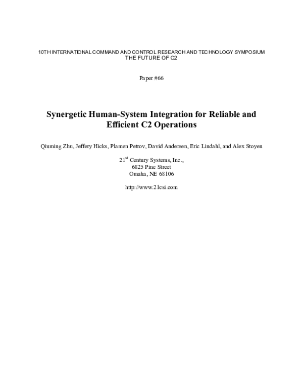 (PDF) Synergetic Human-System Integration for Reliable and Efficient C2 Operations