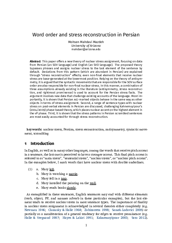 (PDF) Word order and stress reconstruction in Persian
