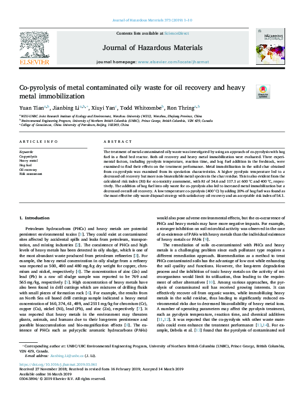 (PDF) Co-pyrolysis of metal contaminated oily waste for oil recovery ...