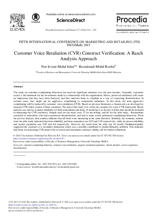 (PDF) Customer Voice Retaliation (CVR) Construct Verification: A Rasch Analysis Approach