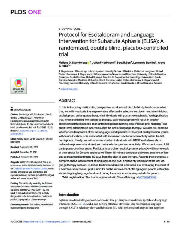 (PDF) Protocol for Escitalopram and Language Intervention for Subacute Aphasia (ELISA): A ...