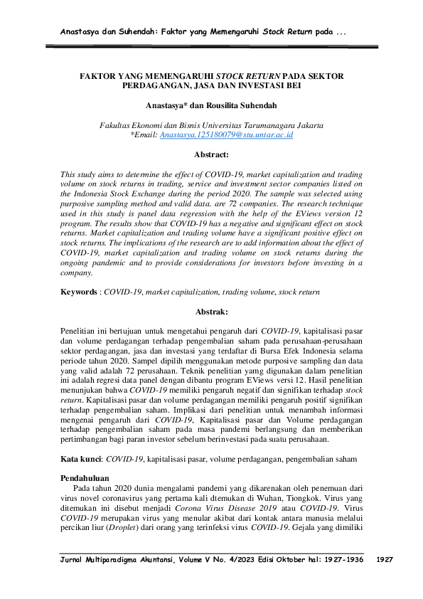 (PDF) Faktor Yang Memengaruhi Stock Return Pada Sektor Perdagangan ...