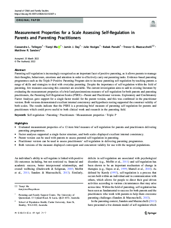 (PDF) Measurement Properties for a Scale Assessing Self-Regulation in Parents and Parenting ...