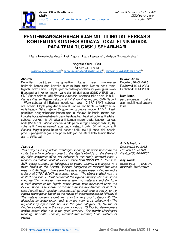 (PDF) Pengembangan Bahan Ajar Multilingual Berbasis Konten Dan Konteks Budaya Lokal Etnis Ngada ...