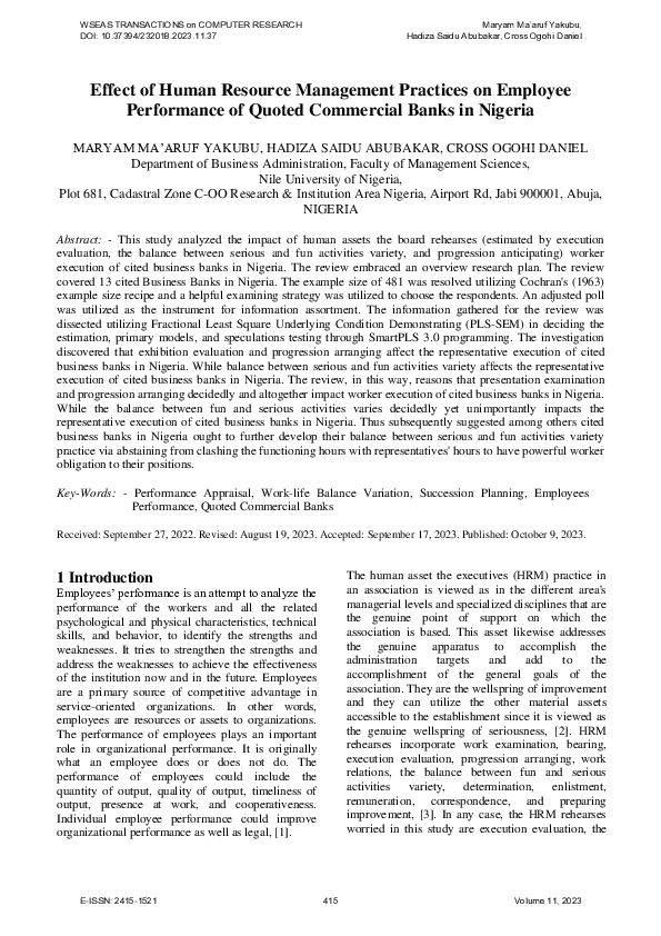 Pdf Effect Of Human Resource Management Practices On Employee Performance Of Quoted Commercial