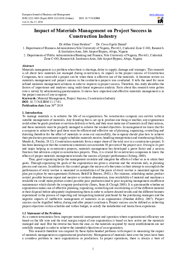(PDF) Impact of Materials Management on Project Success in Construction ...