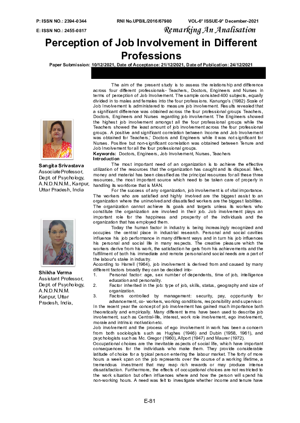 (PDF) Perception of Job Involvement in Different Professions