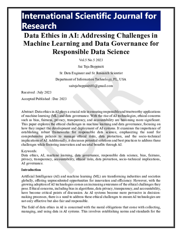 (PDF) Data Ethics in AI: Addressing Challenges in Machine Learning and Data Governance for ...