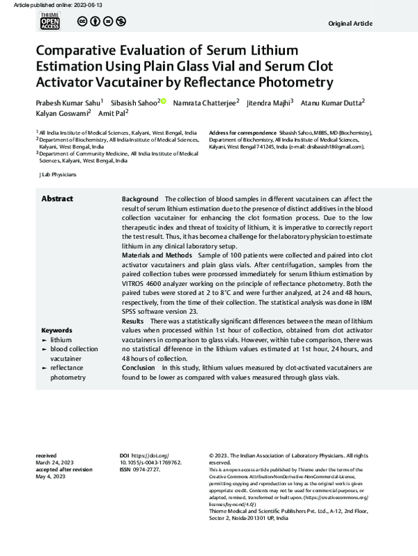 (PDF) Comparative Evaluation of Serum Lithium Estimation Using Plain ...