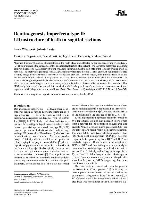 (PDF) Dentinogenesis imperfecta type II: Ultrastructure of teeth in sagittal sections