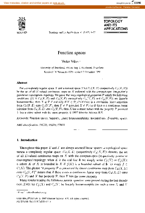(PDF) Function spaces | Vesko Valov - Academia.edu
