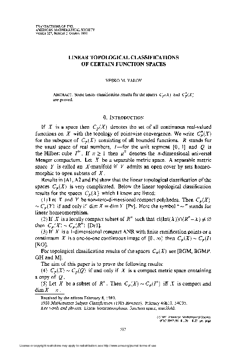 Pdf Linear Topological Classifications Of Certain Function Spaces