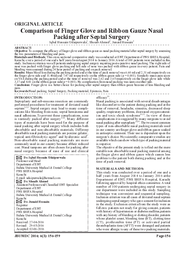 (PDF) Comparison of Finger Glove and Ribbon Gauze Nasal Packing after ...