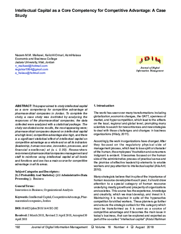 (PDF) Intellectual Capital as a Core Competency for Competitive ...