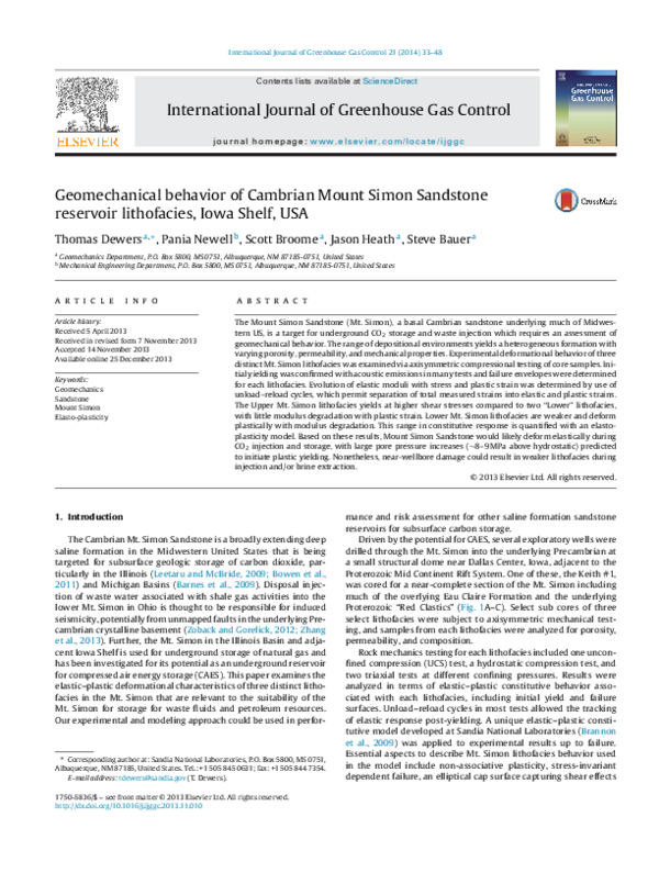 (PDF) Geomechanical behavior of Cambrian Mount Simon Sandstone ...