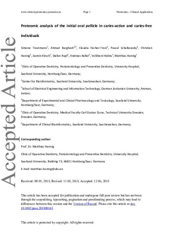 (PDF) Proteomic Analysis of the Initial Oral Pellicle in Caries‐Active ...