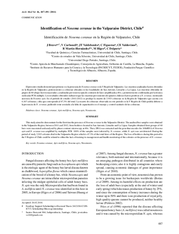 (PDF) Identification of Nosema ceranae in the Valparaíso District, Chile