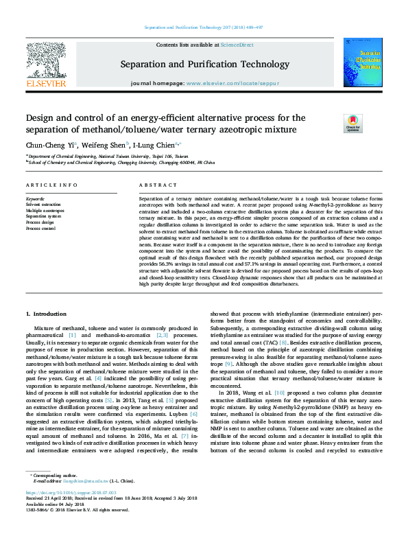 (PDF) Design and control of an energy-efficient alternative process for ...