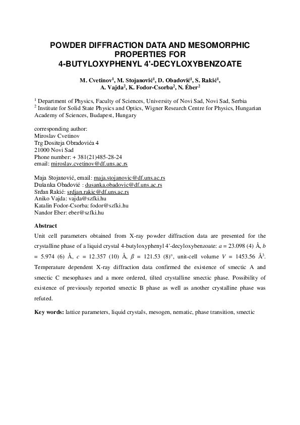 (PDF) Powder diffraction data and mesomorphic properties of 4-butyloxyphenyl 4′-decyloxybenzoate