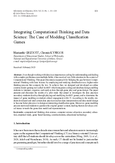 (PDF) Integrating Computational Thinking and Data Science: The Case of Modding Classification Games