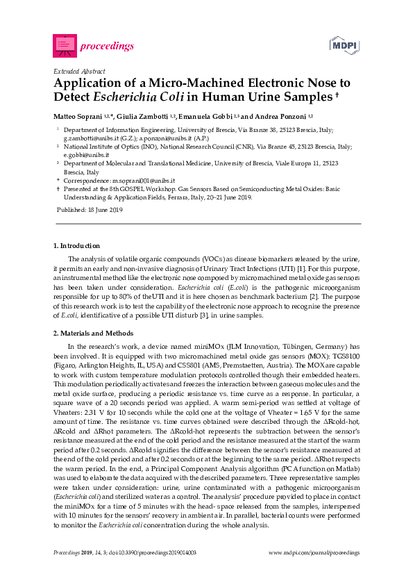 (PDF) Application of a Micro-Machined Electronic Nose to Detect Escherichia Coli in Human Urine ...