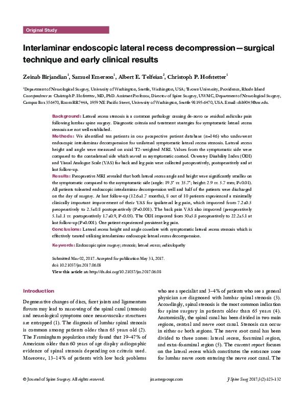 (PDF) Interlaminar endoscopic lateral recess decompression—surgical ...