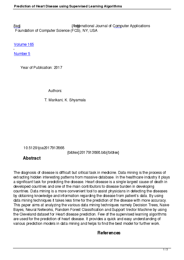 (PDF) Prediction of Heart Disease using Supervised Learning Algorithms