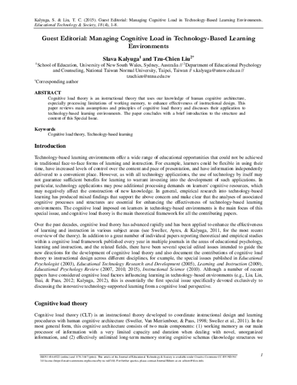 (PDF) Guest editorial: Managing cognitive load in technology-based learning environments