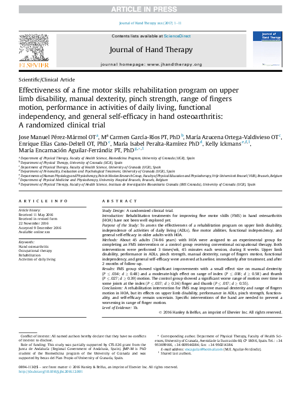 (PDF) Effectiveness of a fine motor skills rehabilitation program on ...